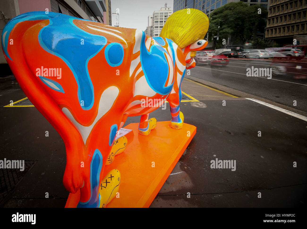 Sao Paulo, Brazil. 26th Apr, 2017. Sculpture of a colorful cow is seen ...