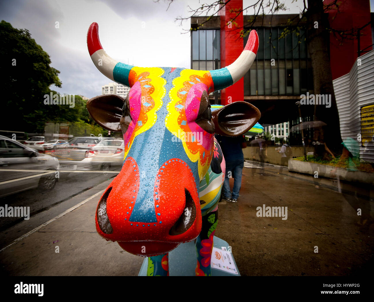 Sao Paulo, Brazil. 26th Apr, 2017. Sculpture of a colorful cow is seen ...