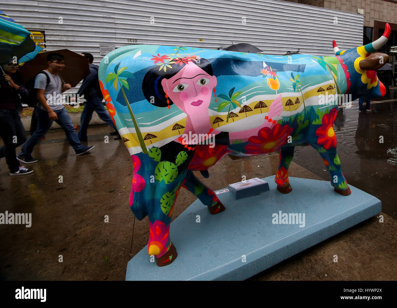 Sao Paulo, Brazil. 26th Apr, 2017. Sculpture of a colorful cow is seen ...