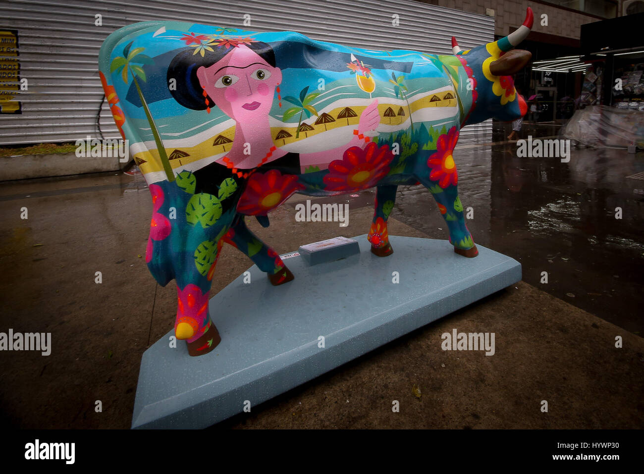 Sao Paulo, Brazil. 26th Apr, 2017. Sculpture of a colorful cow is seen ...
