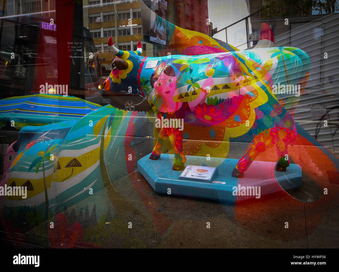 Sao Paulo, Brazil. 26th Apr, 2017. Sculpture of a colorful cow is seen ...
