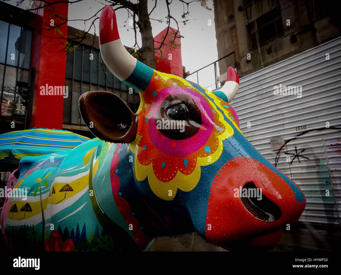 Sao Paulo, Brazil. 26th Apr, 2017. Sculpture of a colorful cow is seen ...