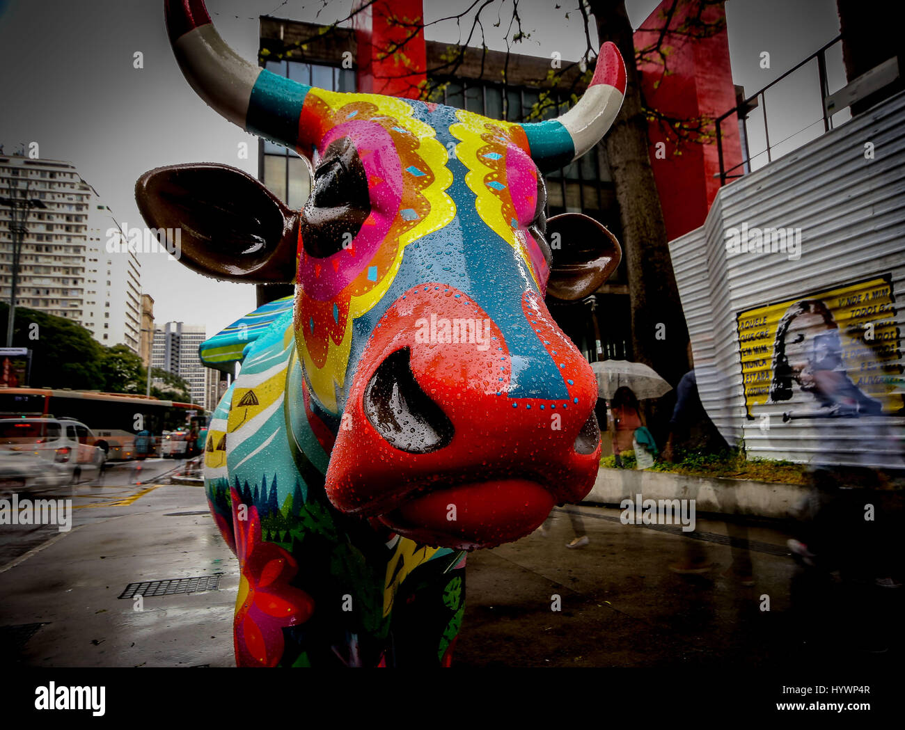 Sao Paulo, Brazil. 26th Apr, 2017. Sculpture of a colorful cow is seen ...