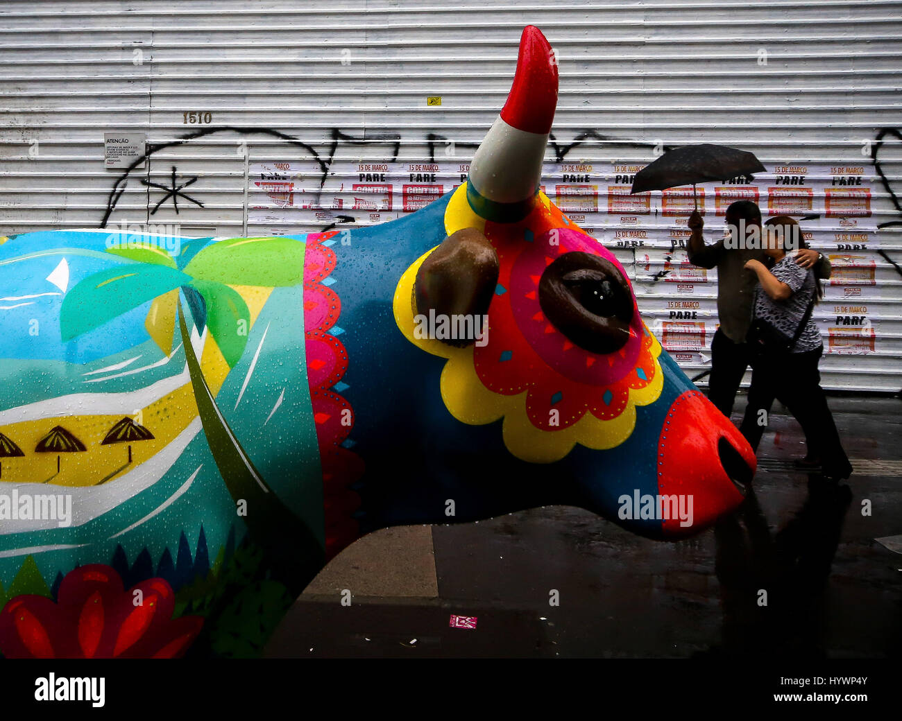 Sao Paulo, Brazil. 26th Apr, 2017. Sculpture of a colorful cow is seen ...