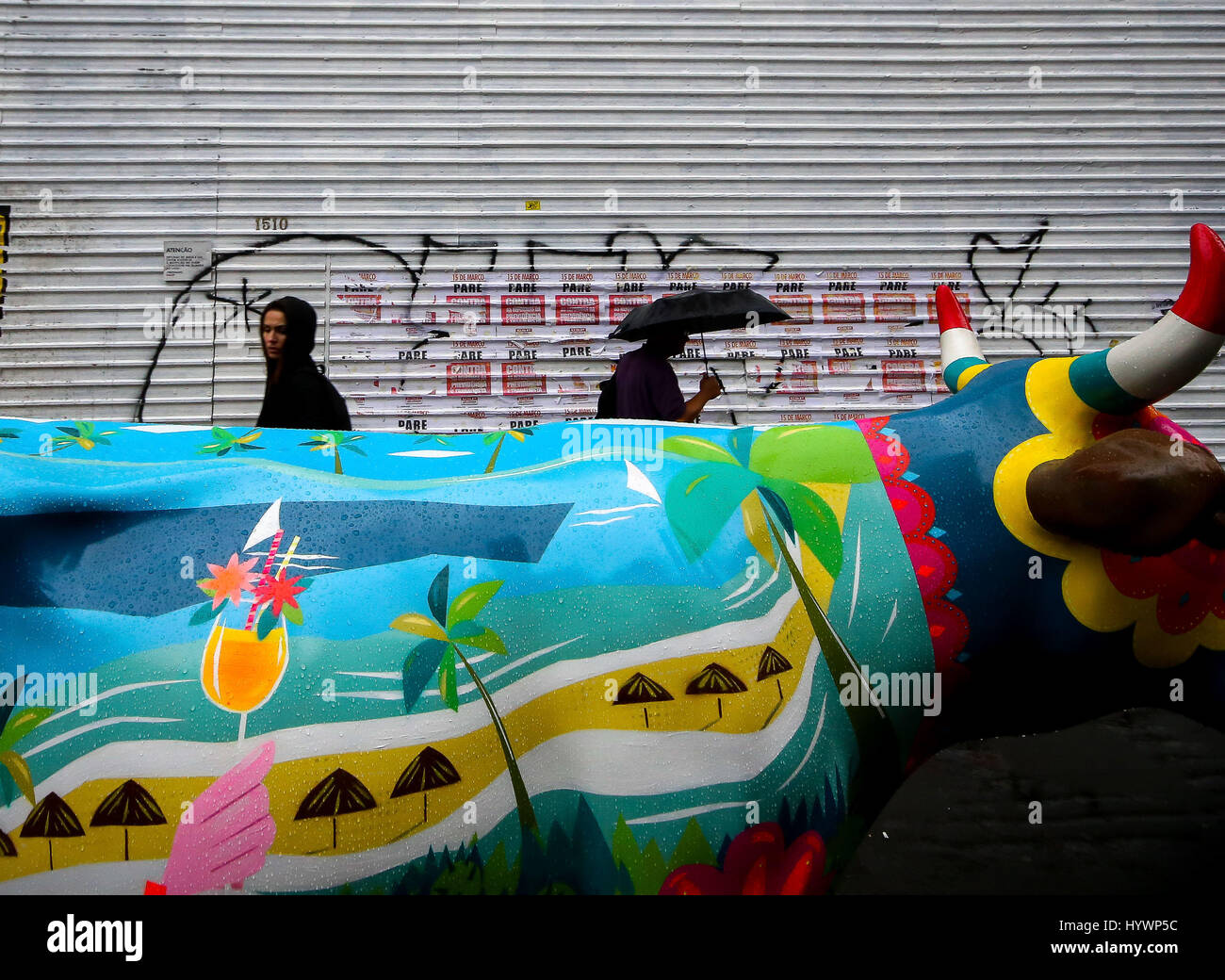 Sao Paulo, Brazil. 26th Apr, 2017. Sculpture of a colorful cow is seen ...