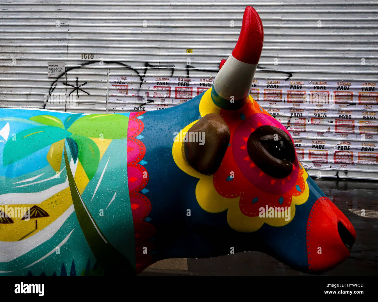 Sao Paulo, Brazil. 26th Apr, 2017. Sculpture of a colorful cow is seen ...