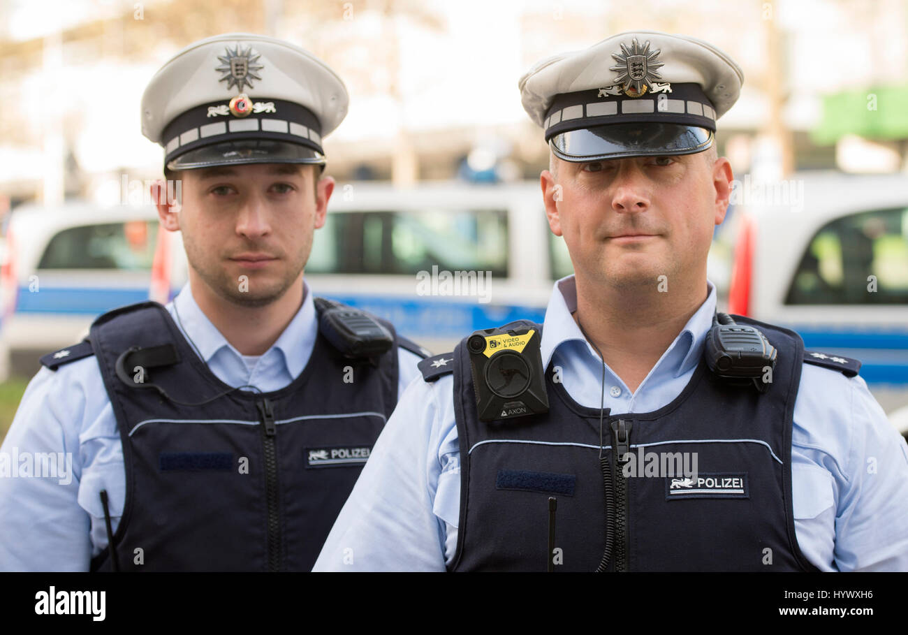 Stuttgart, Germany. 7th Apr, 2017. Two police officers can be seen ...