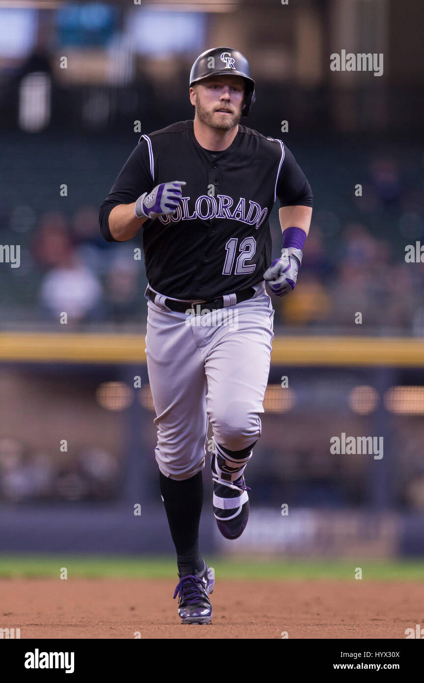 April 06, 2017: Colorado Rockies first baseman Mark Reynolds #12 rounds ...