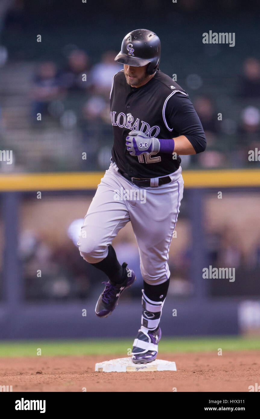 April 06, 2017: Colorado Rockies first baseman Mark Reynolds #12 rounds ...