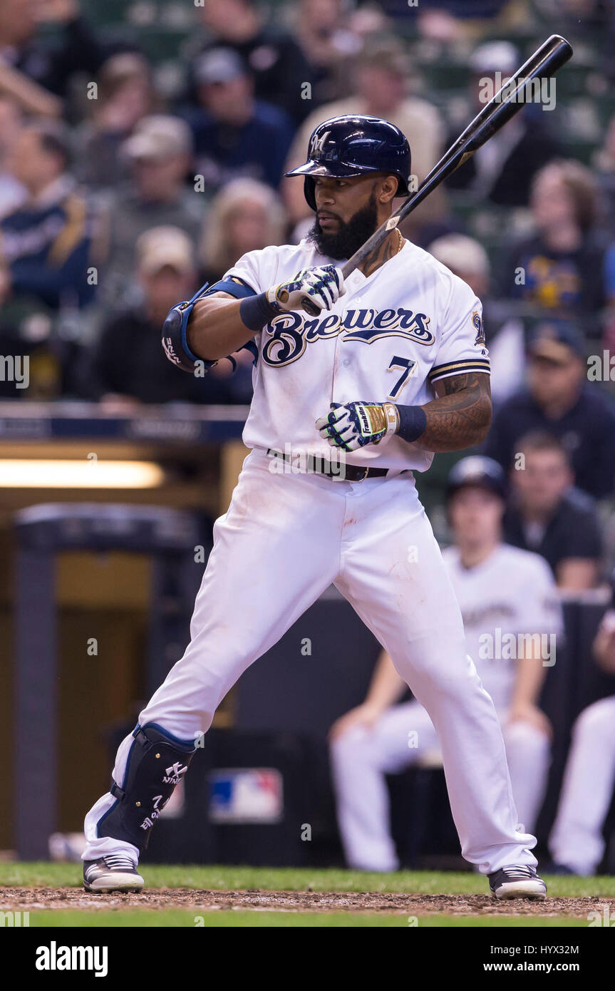 April 06, 2017: Milwaukee Brewers left fielder Eric Thames #7 in action ...