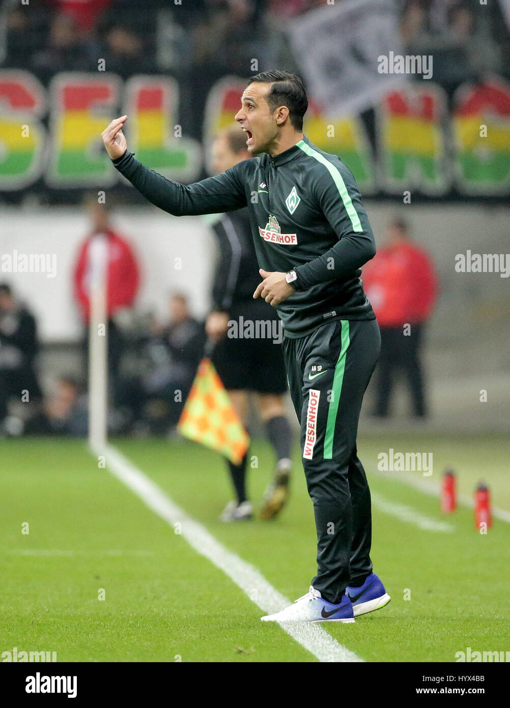 Frankfurt, Germany. 7th Apr, 2017. Bremen coach Alexander Nouri gives ...