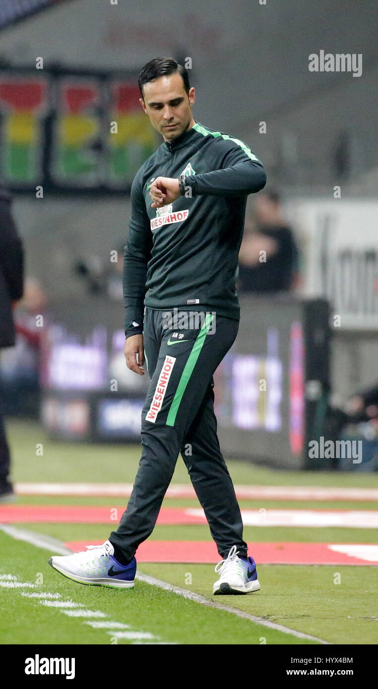 Frankfurt, Germany. 7th Apr, 2017. Bremen coach Alexander Nouri looks ...