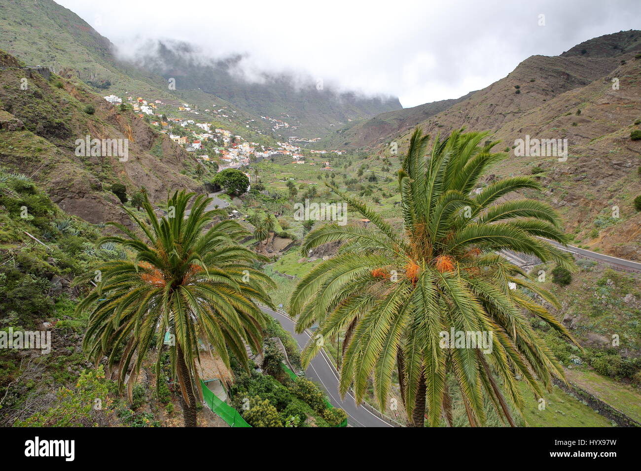 LA GOMERA, SPAIN: View of the valley of Hermigua with palm trees in the foreground and Hermigua ...