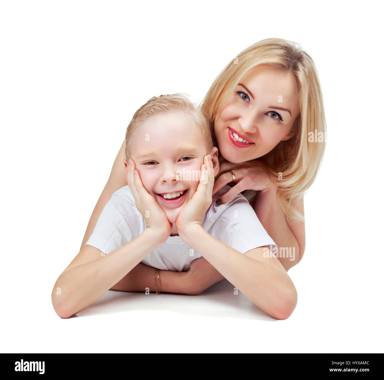 happy smiling mother and son, isolated against white background Stock ...