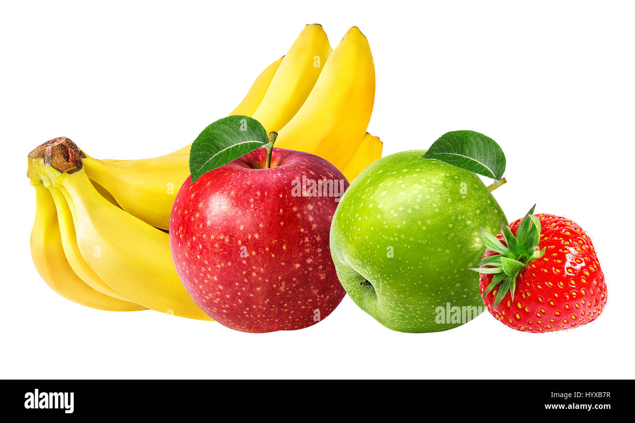 Banana, apples and strawberry isolated on white background Stock Photo ...