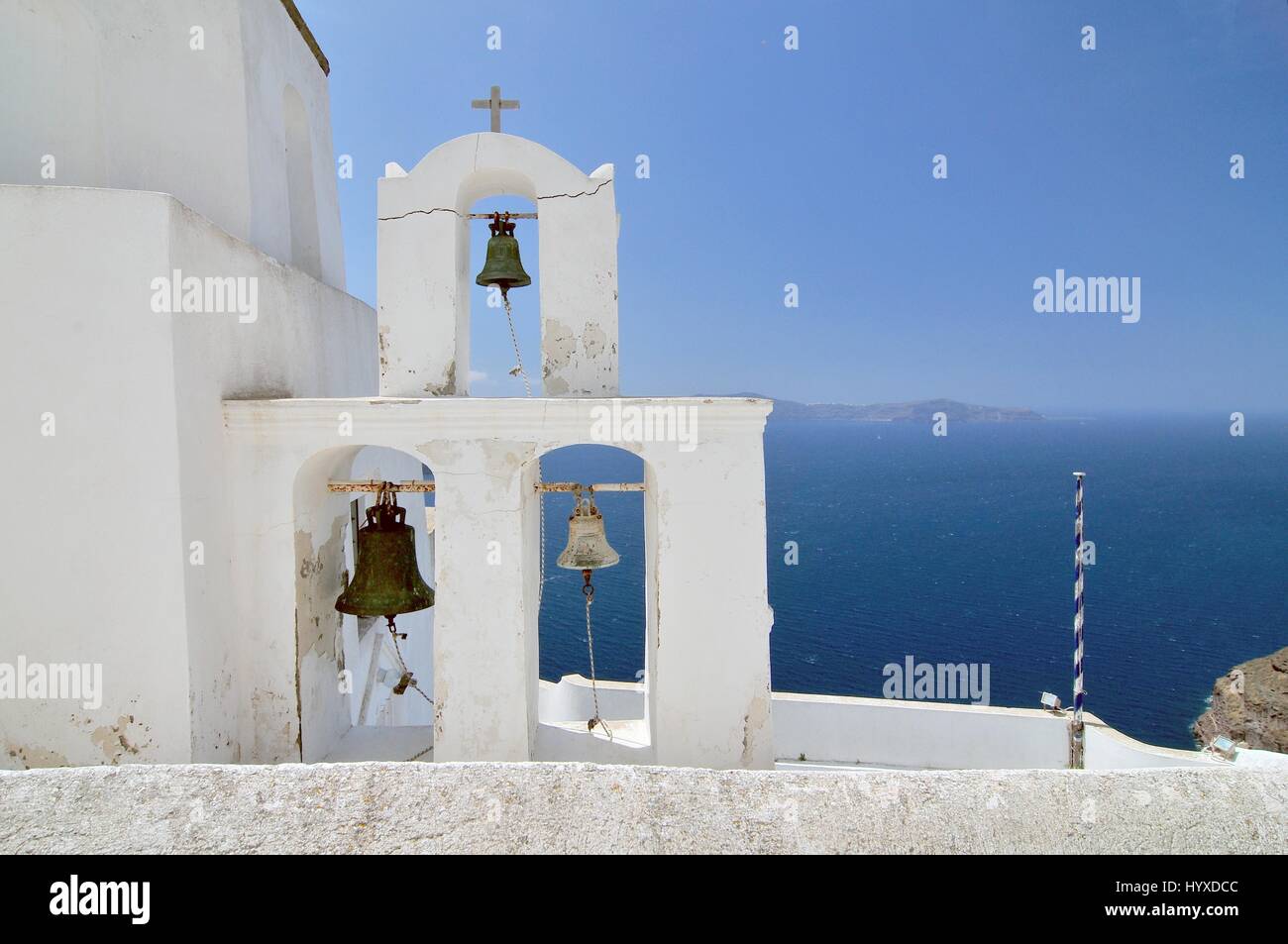 Iron church bells on a chapel roof on the romantic volcanic island of ...