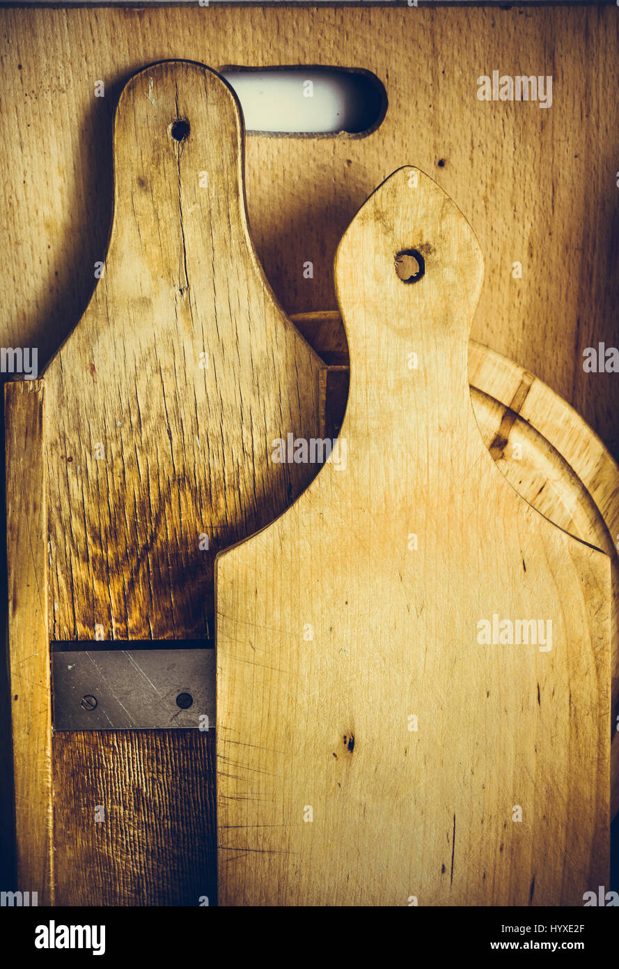 Set of standing weathered wood cutting and bread boards, texture ...
