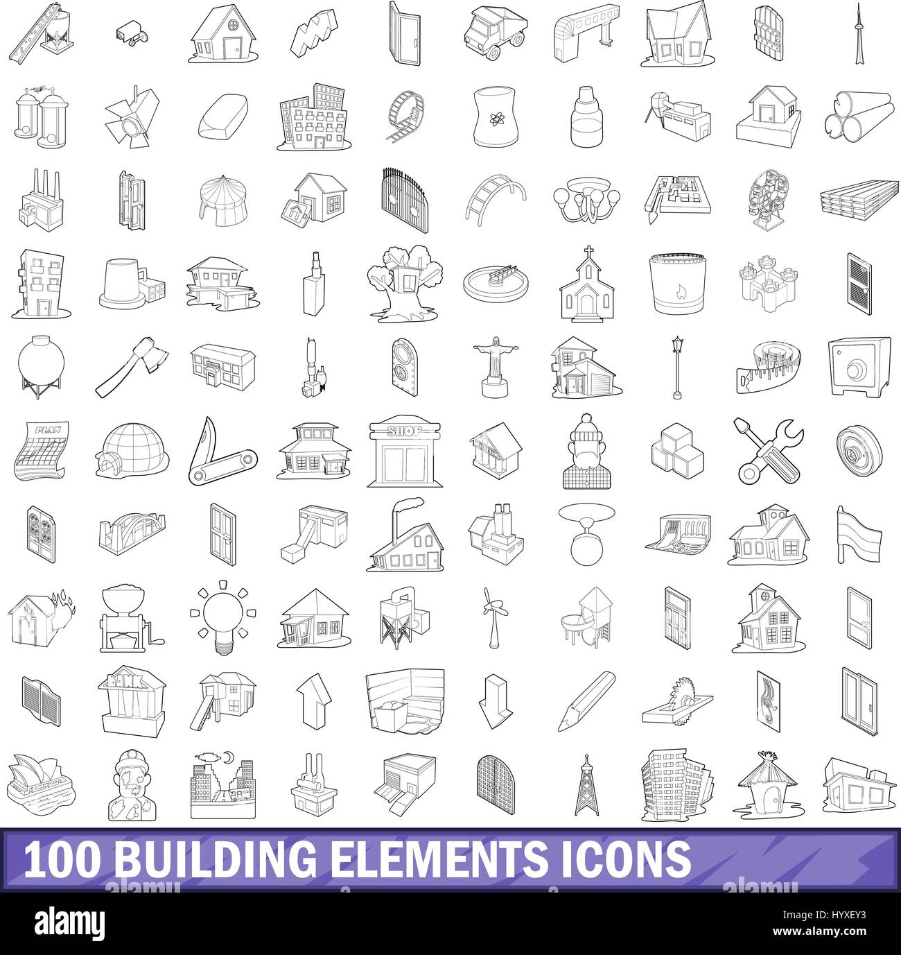 100 building element icons set, outline style Stock Vector Image & Art ...