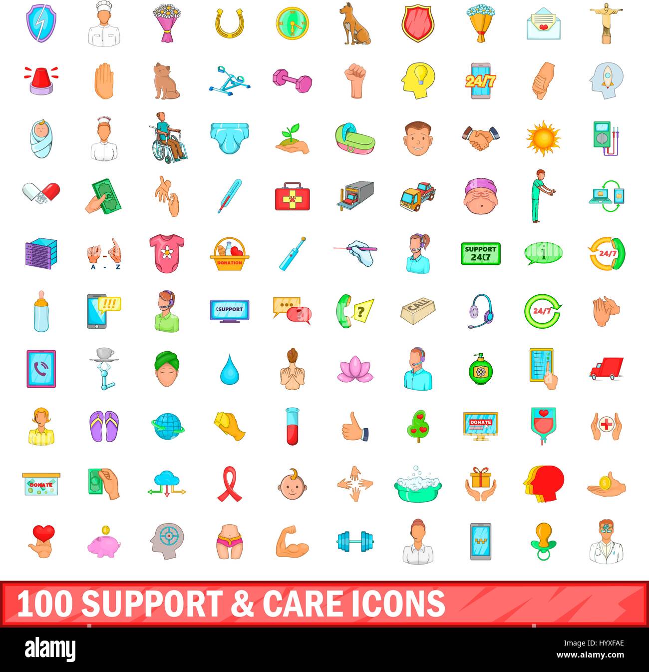 100 support and care icons set, cartoon style Stock Vector Image & Art ...