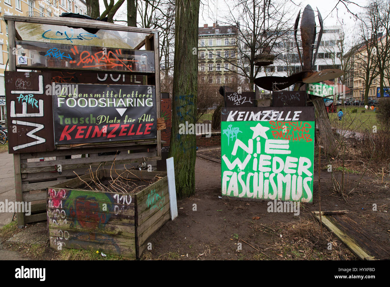 A sign says "Nie wieder Faschismus" (Never Again Fascism) in Hamburg ...