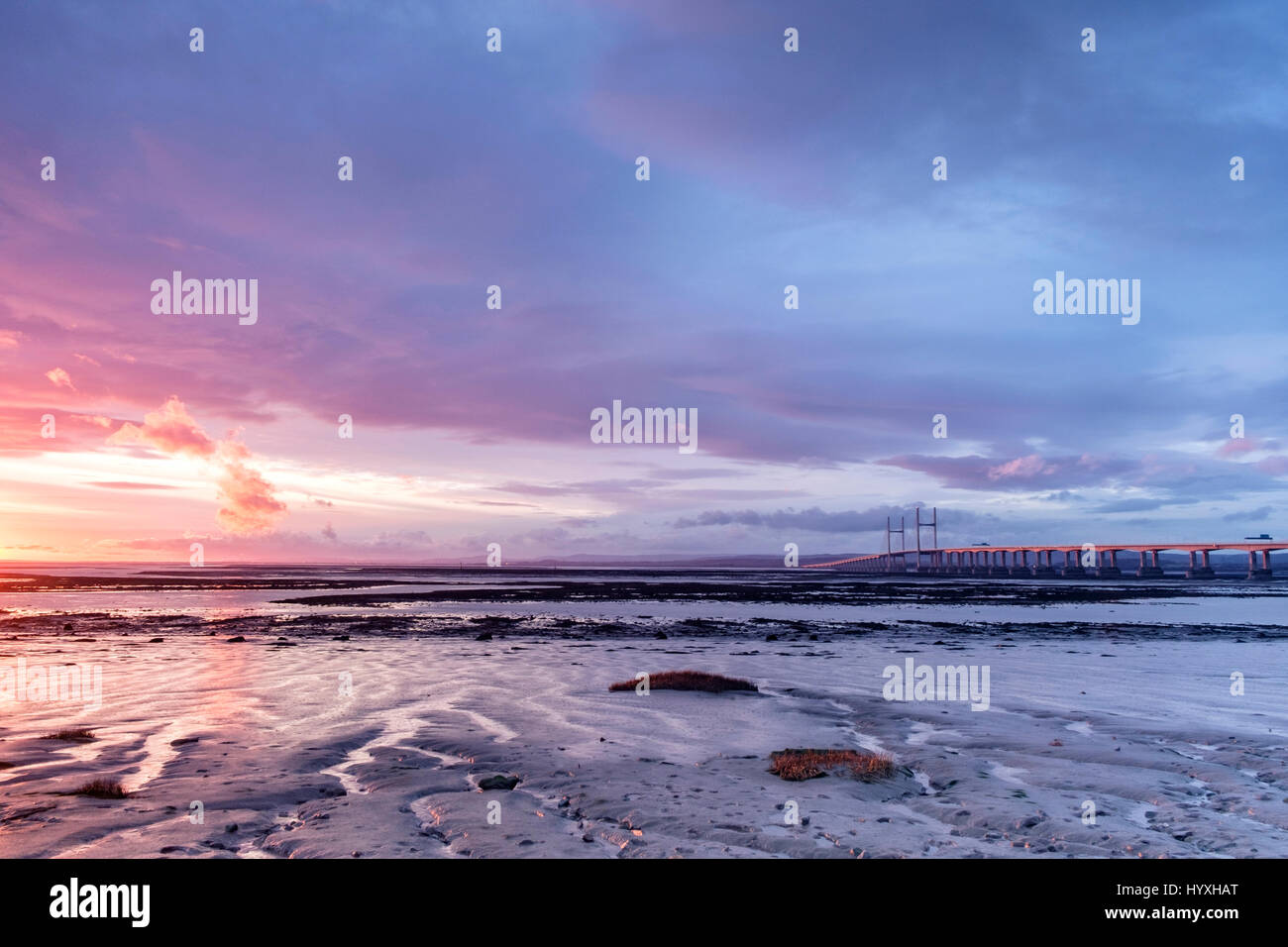Sunset at Severn Bridge second river crossing at Severn Beach, North ...