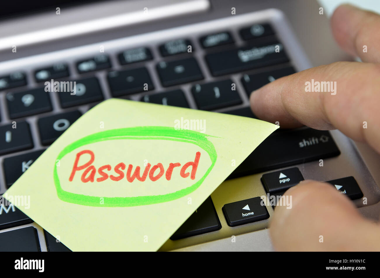 Password written on yellow note on black keyboard Stock Photo - Alamy