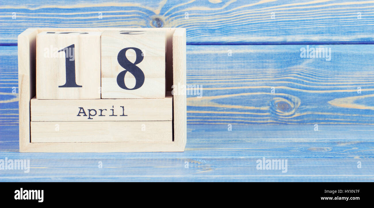 Vintage photo, April 18th. Date of 18 April on wooden cube calendar ...