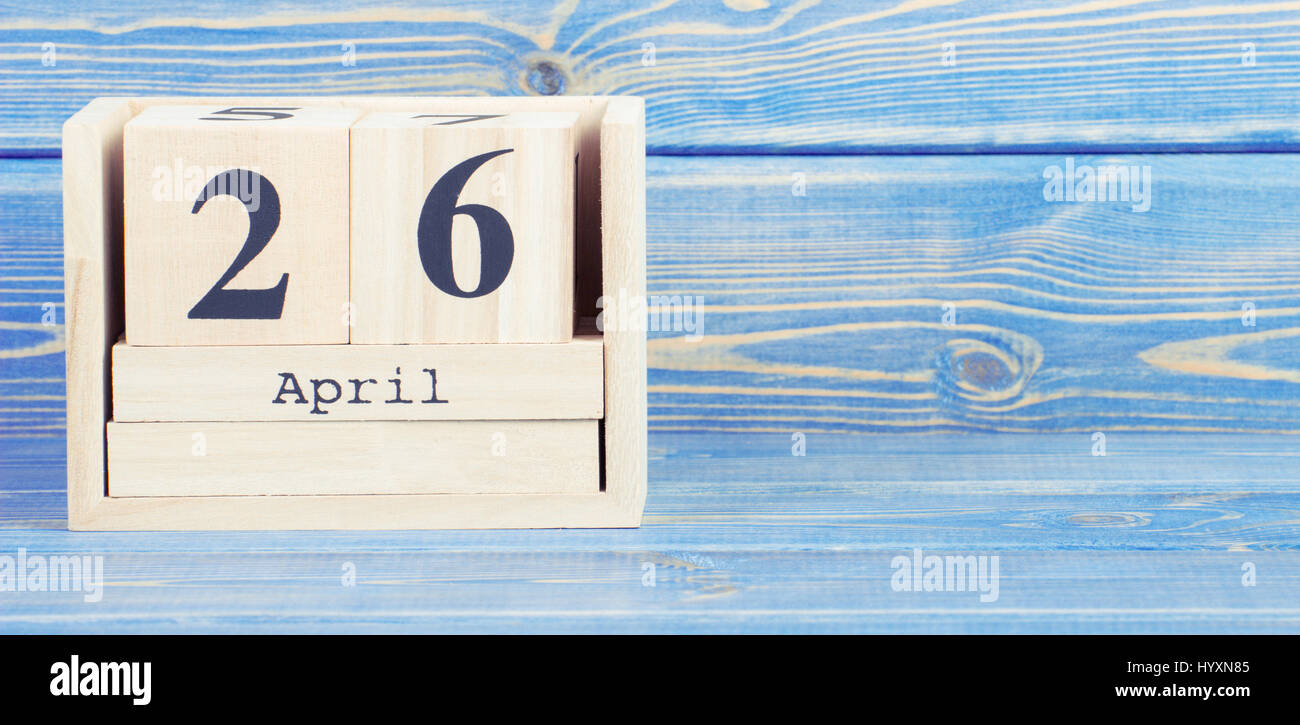 Vintage photo, April 26th. Date of 26 April on wooden cube calendar ...