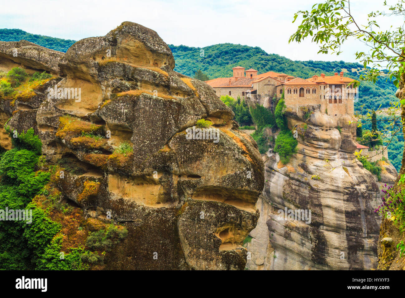 The Meteora Monasteries, east of the Pindos Mountains in Greece Stock ...