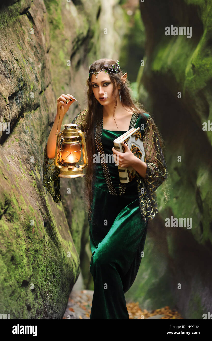 Vertical shot of a beautiful young woman elf with long wavy dark hair ...