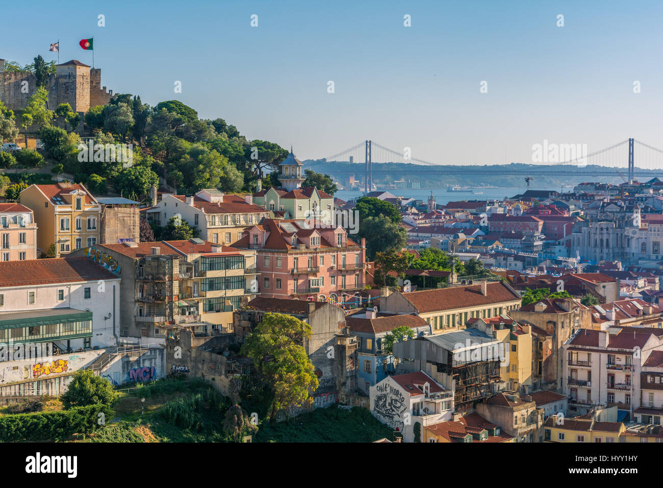 Panoramic late afternoon view from Miradouro da Graca in Lisbon ...