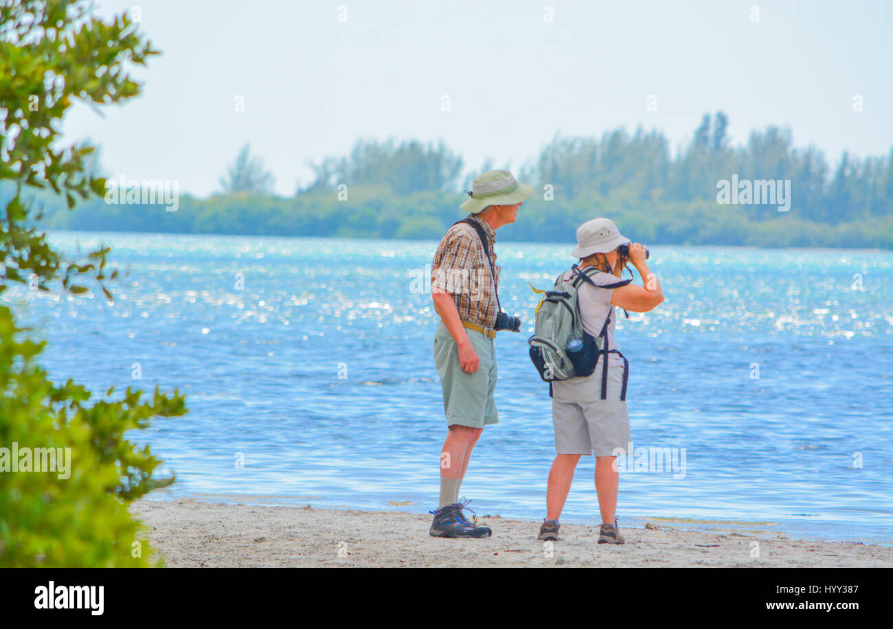Two people watching birds in tide pools at the Lemon Bay Aquatic ...
