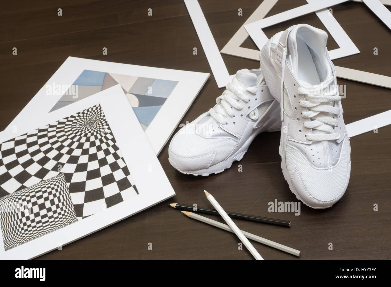 Modern sport shoes demonstrated in unique way with different objects ...