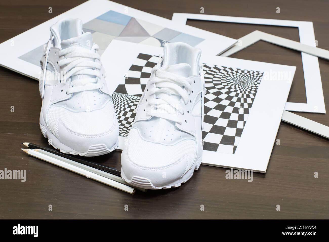 Modern sport shoes demonstrated in unique way with different objects ...