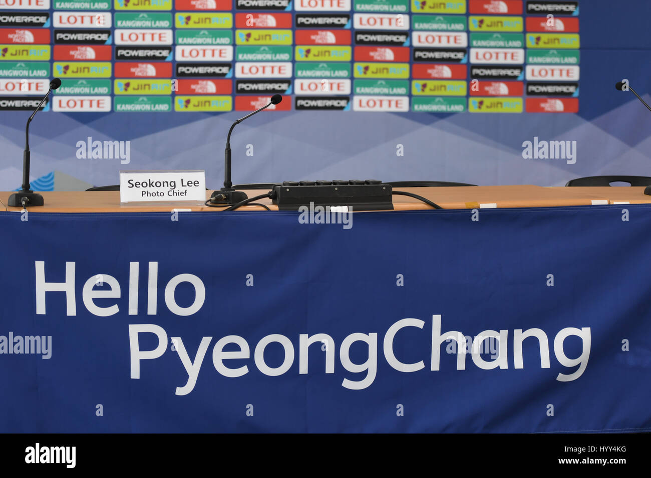 Hello PyeongChang media briefing table, press conference table for the ...