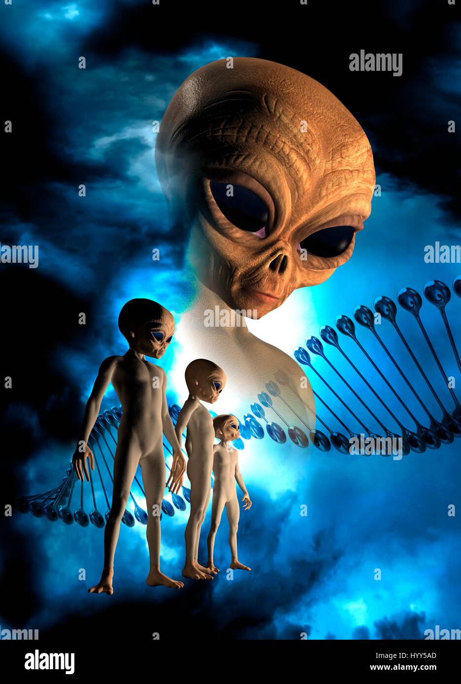 Aliens and DNA (deoxyribonucleic acid) strand, illustration Stock Photo ...