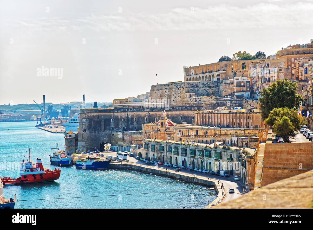 Dry cargo vessels at Valletta waterfront in Grand Harbor, Malta Stock ...