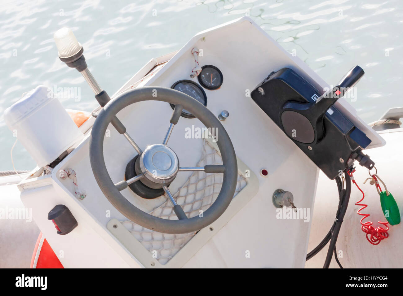 Small dashboard in a fiberglass speedboat Stock Photo - Alamy