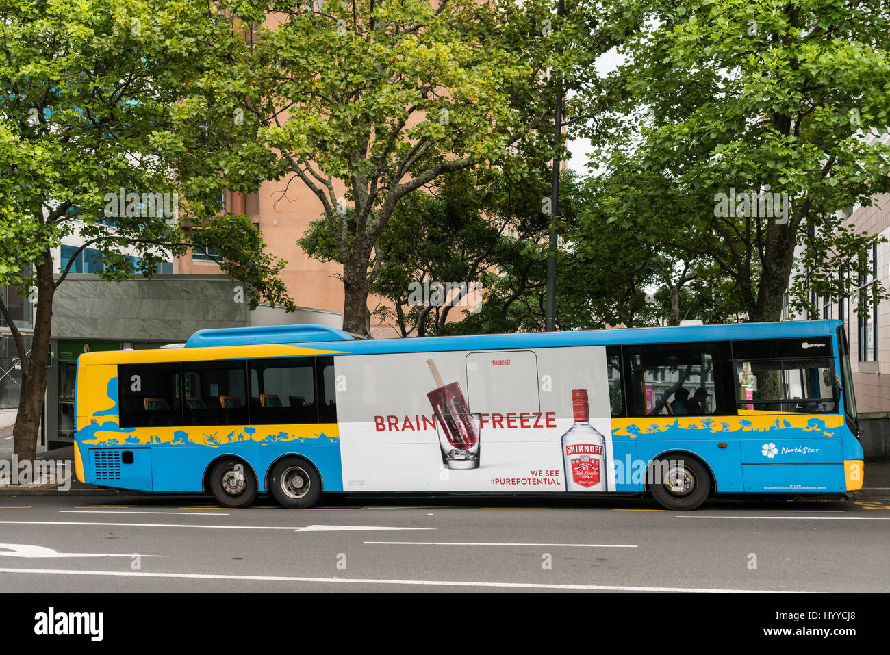 Auckland, New Zealand - March 1, 2017: Blue-yellow public bus serves ...