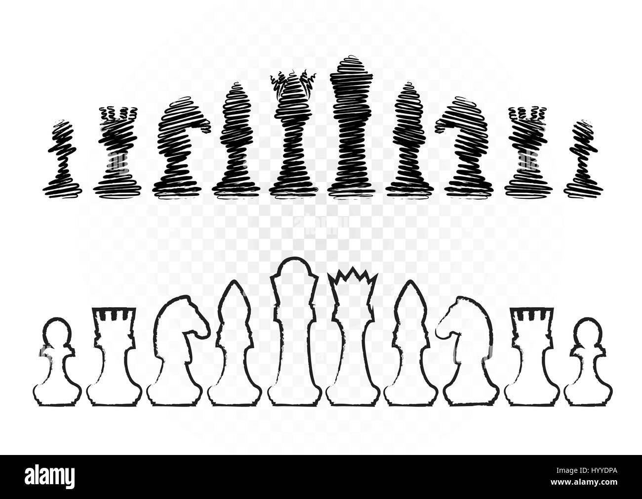Black and white drawing chess figures set collection on transparent ...