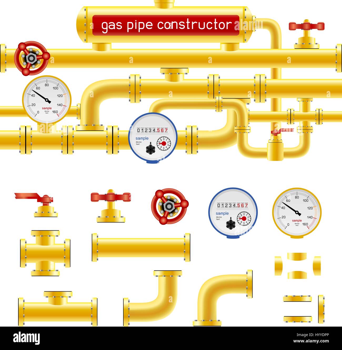Yellow pipe set constructor isolated on white background. Industry pump ...