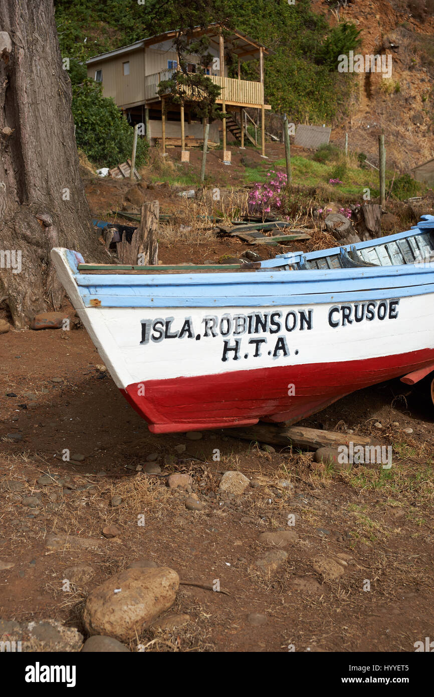 Colourful fishing boat on Robinson Crusoe Island, one of three main ...