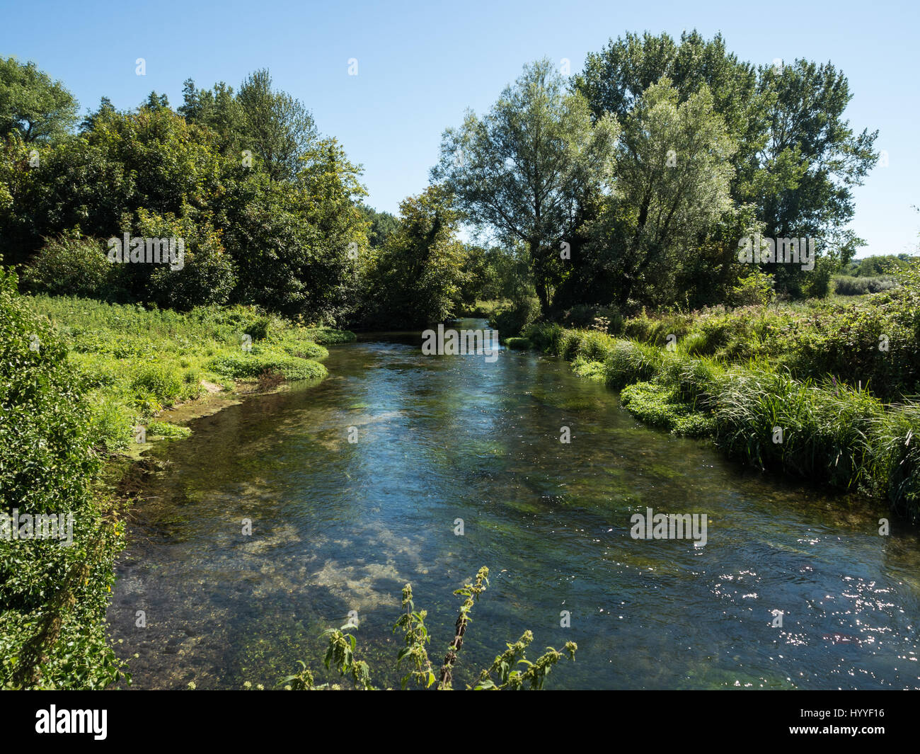 The river Itchen flowing through the countryside on a hot, summers day ...