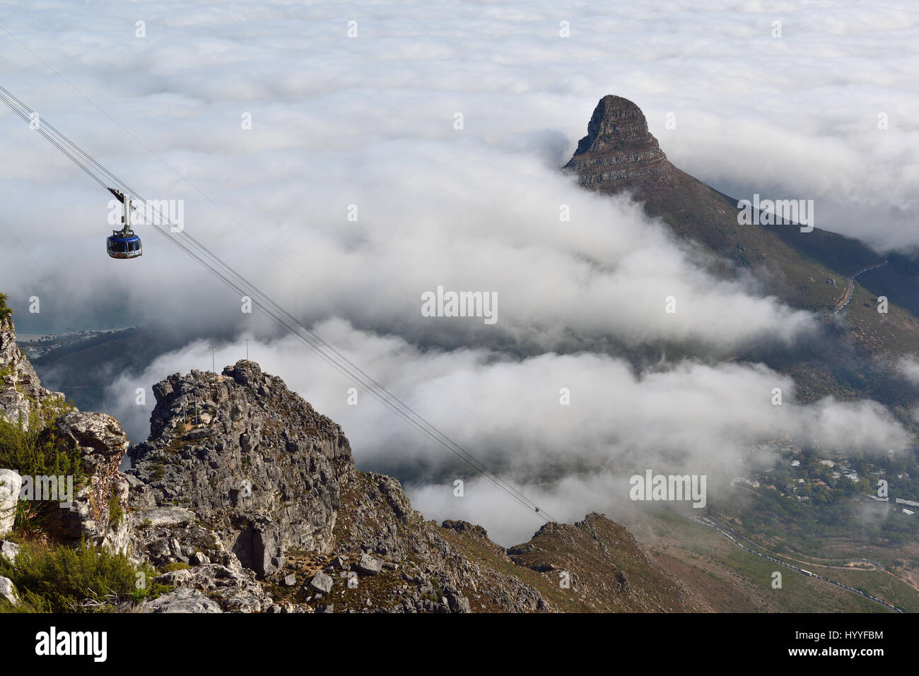 Table Mountain Aerial Cableway and low clouds, Cape Town, South Africa ...