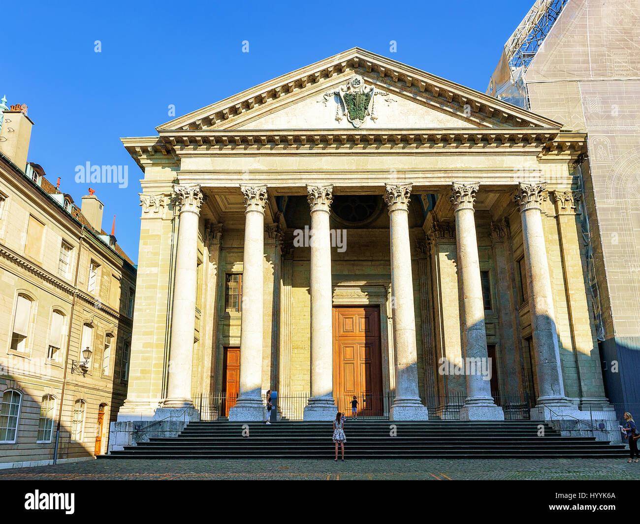 Facade of St Pierre Cathedral in the old town of Geneva, Switzerland ...