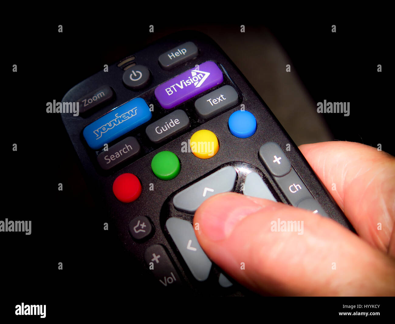 Thumb pressing OK button on BT youview remote control Stock Photo - Alamy