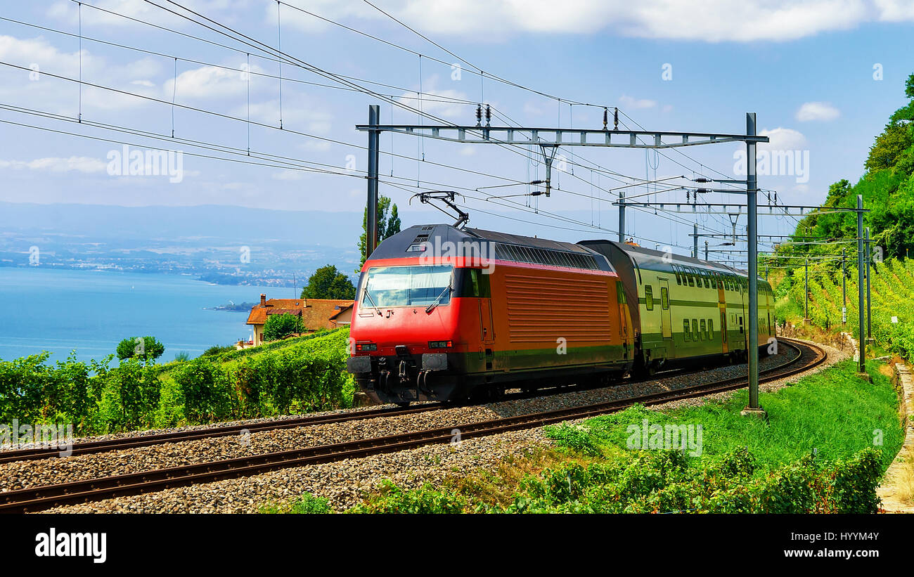 Running train and the railroad at Lavaux Vineyard Terraces hiking trail ...