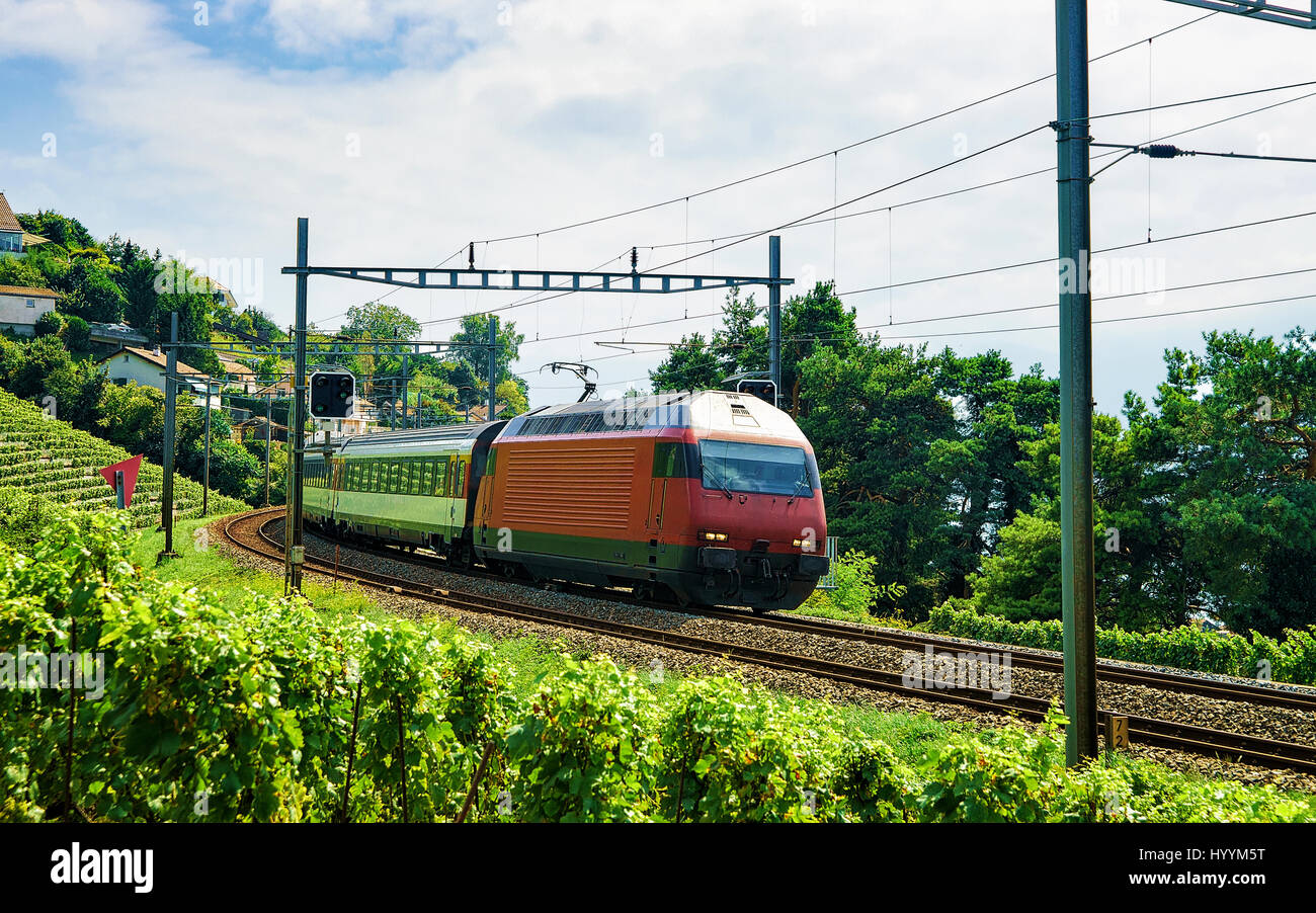 Running train and the railroad on Lavaux Vineyard Terrace hiking trail ...