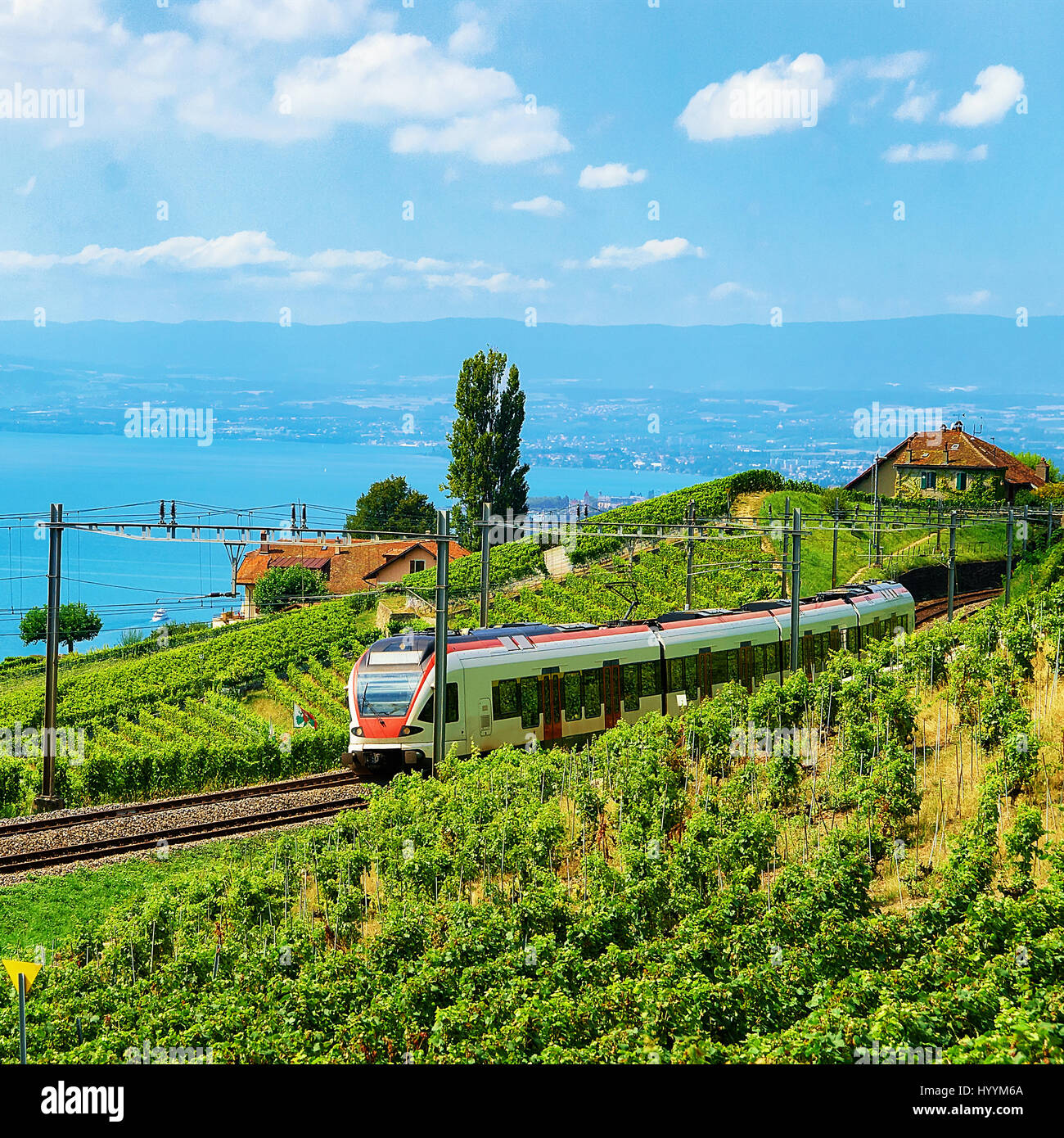 Running train at the railroad at Lavaux Vineyard Terraces hiking trail ...