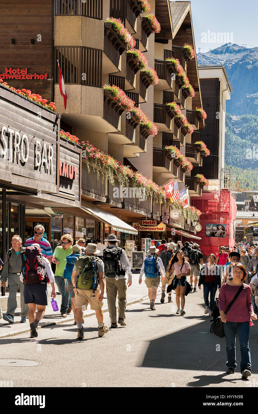 Zermatt, Switzerland - August 24, 2016: Tourists at the city center of ...